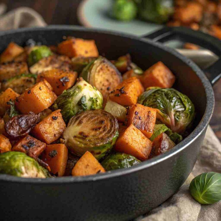 Roasted Brussels Sprouts and Sweet Potatoes - Caramelized Fall Side